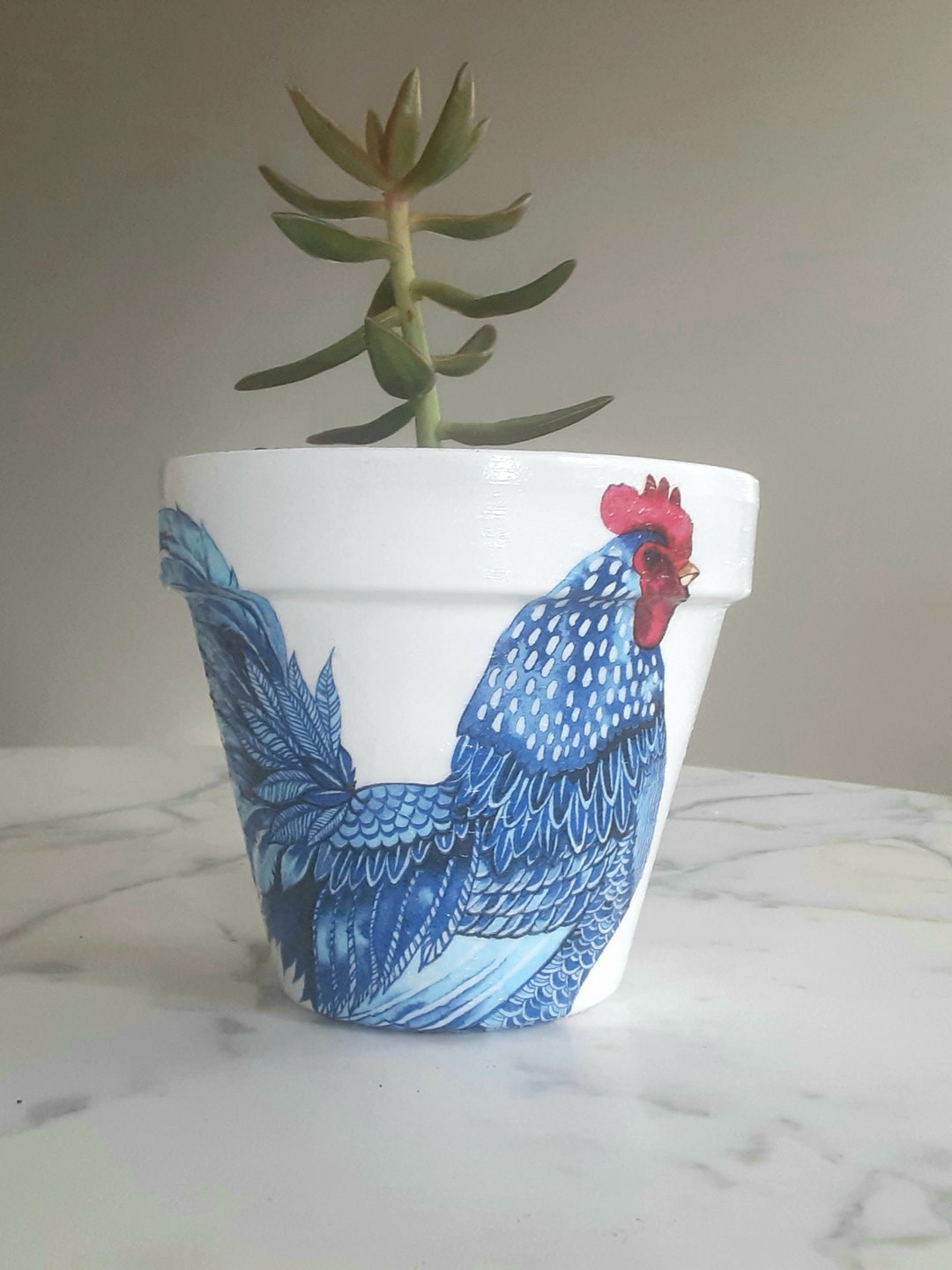 Rooster Clay Pot-6 Inch, Blue Rooster, Rooster Gifts, Decoupage Pot ...