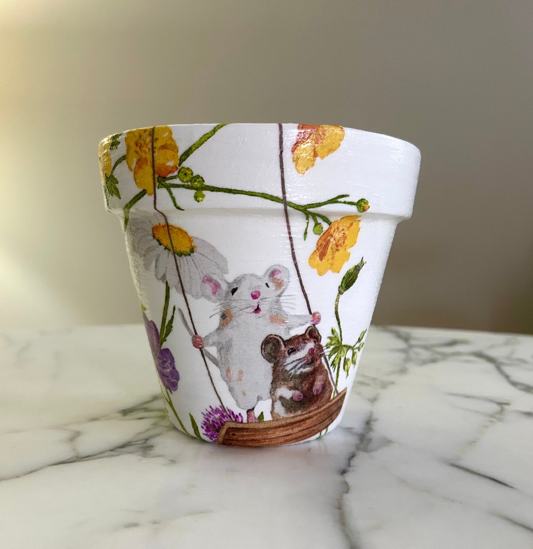 Mouse Planter, Terracotta Pot, Mice Gifts, Spring Decor, Decoupage Pot ...