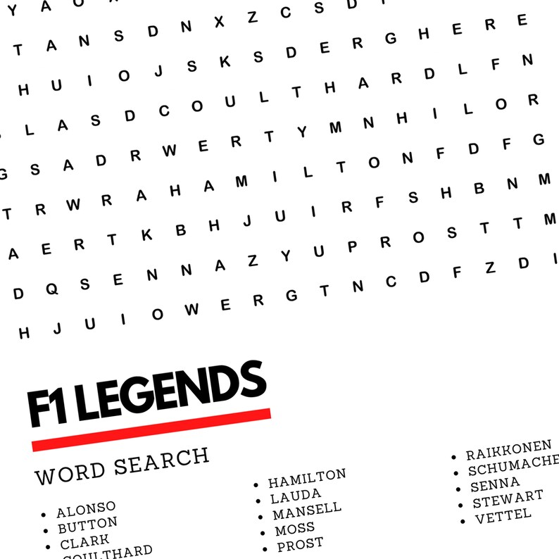 F1 Legends Poster Wordsearch Art Print A4 A3 Man Cave Gift Hamilton ...