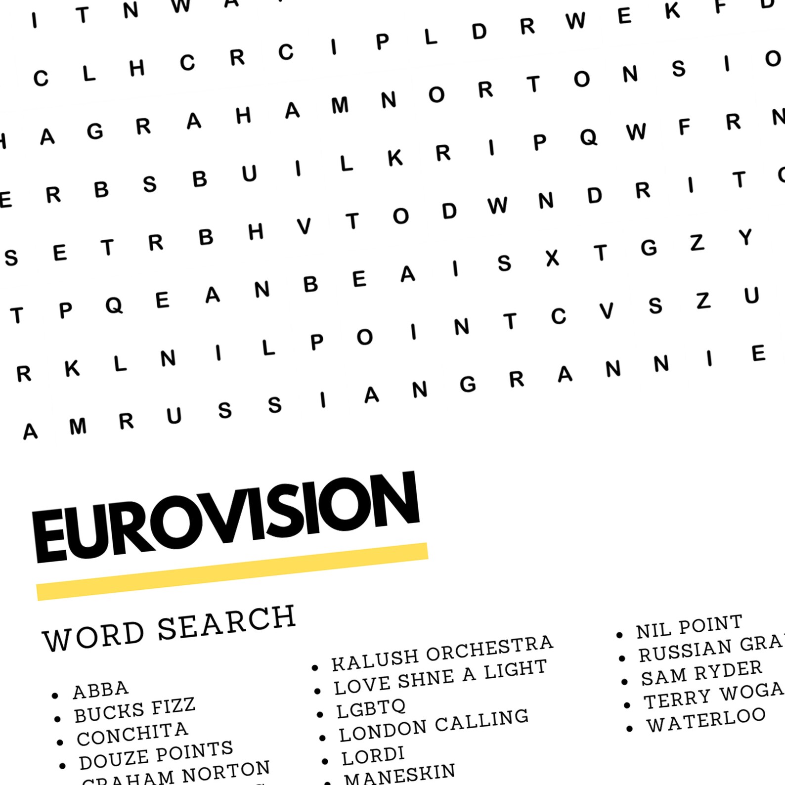 Eurovision Wordsearch Poster A4 A3 | Fun Art Print Nil Point! Terry ...