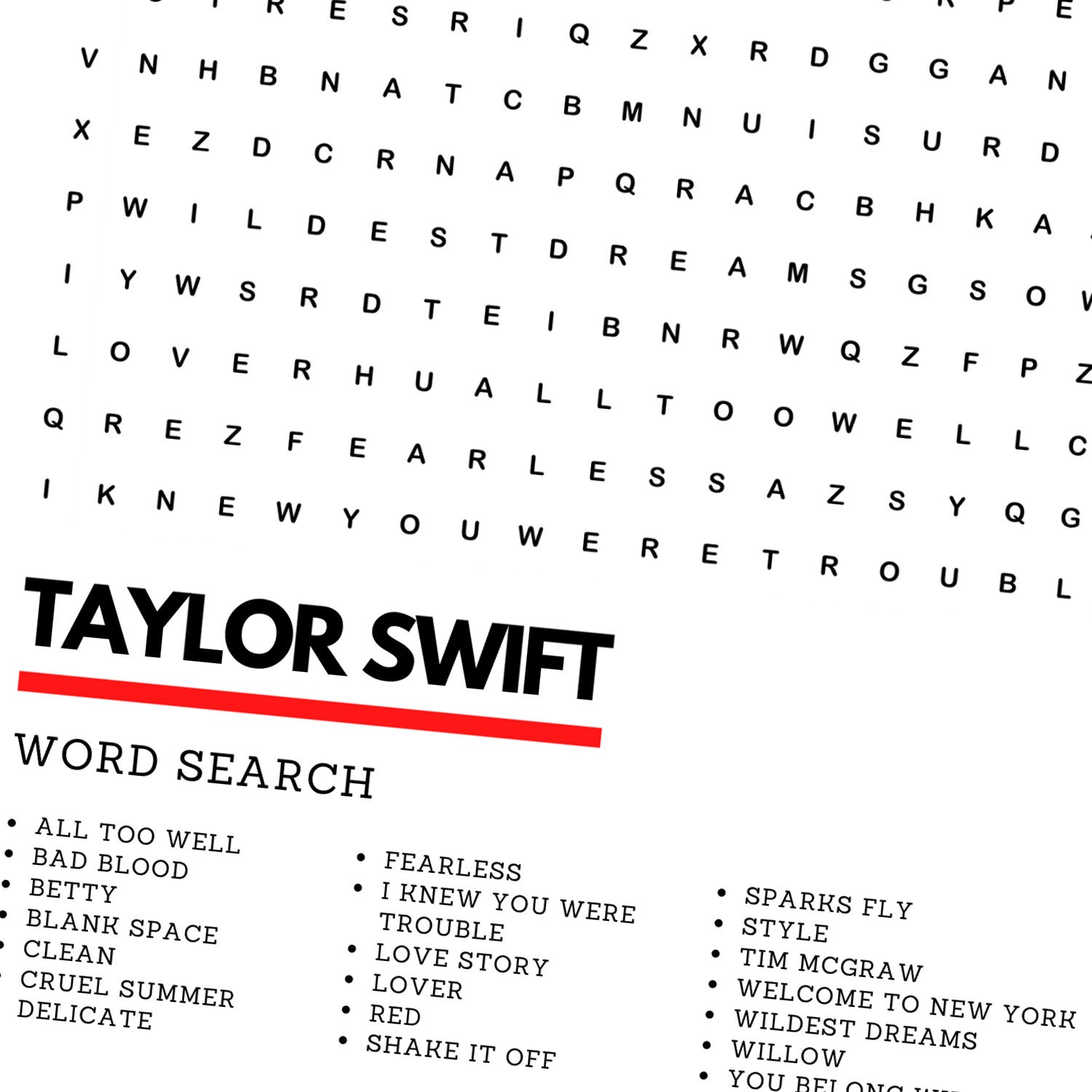 Taylor Swift Poster Music Wordsearch Art Print Poster A4 A3 Music Wall ...
