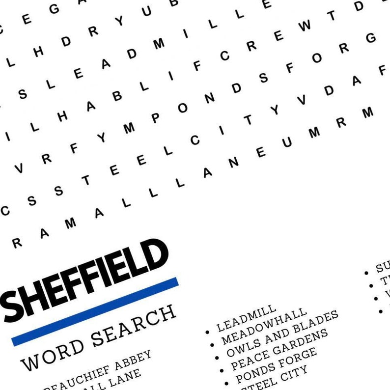 Sheffield Print Wordsearch Art Wallart Poster A4 A3 | South Yorkshire ...