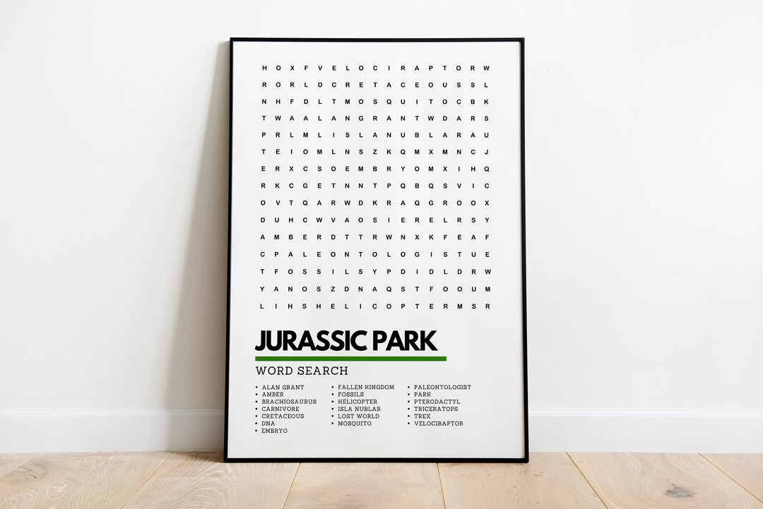Jurassic Park Poster Classic Movie Film Wordsearch Art Print Poster A4 ...