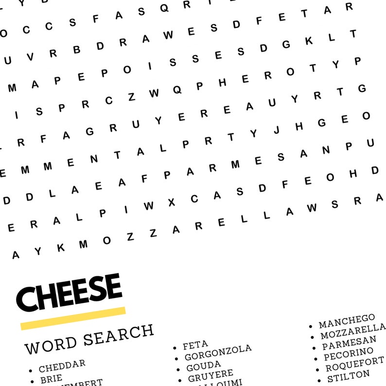 Cheese Kitchen Art Print Wordsearch Poster A4 A3 Types of Cheese ...