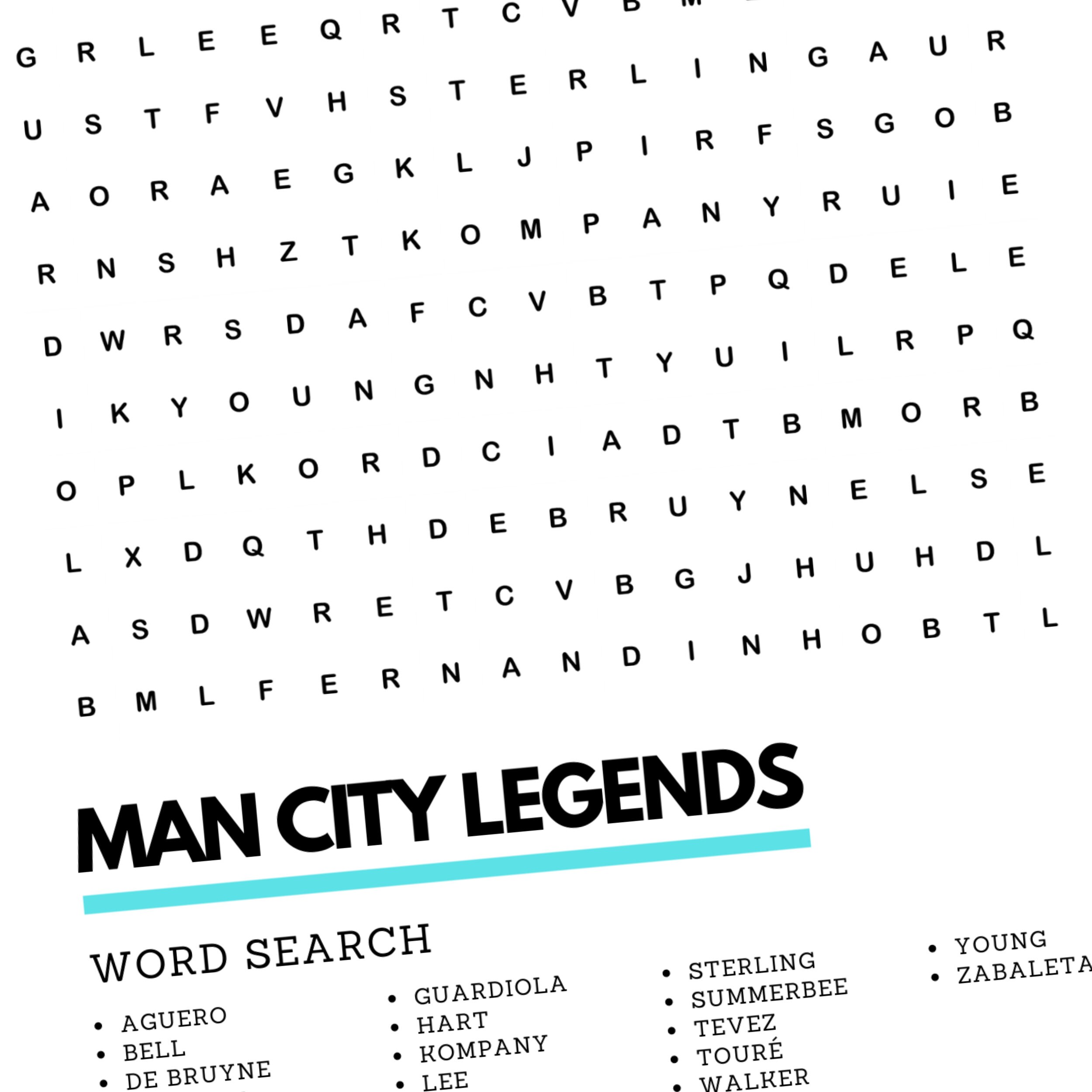Manchester City Legends Wordsearch Poster Print Team A4 A3 | Mancave ...