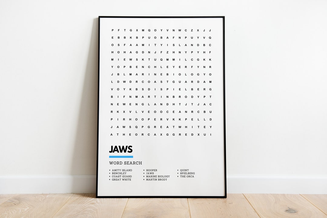Jaws Movie Poster Steven Spielberg Classic Movie Wordsearch Art Print ...