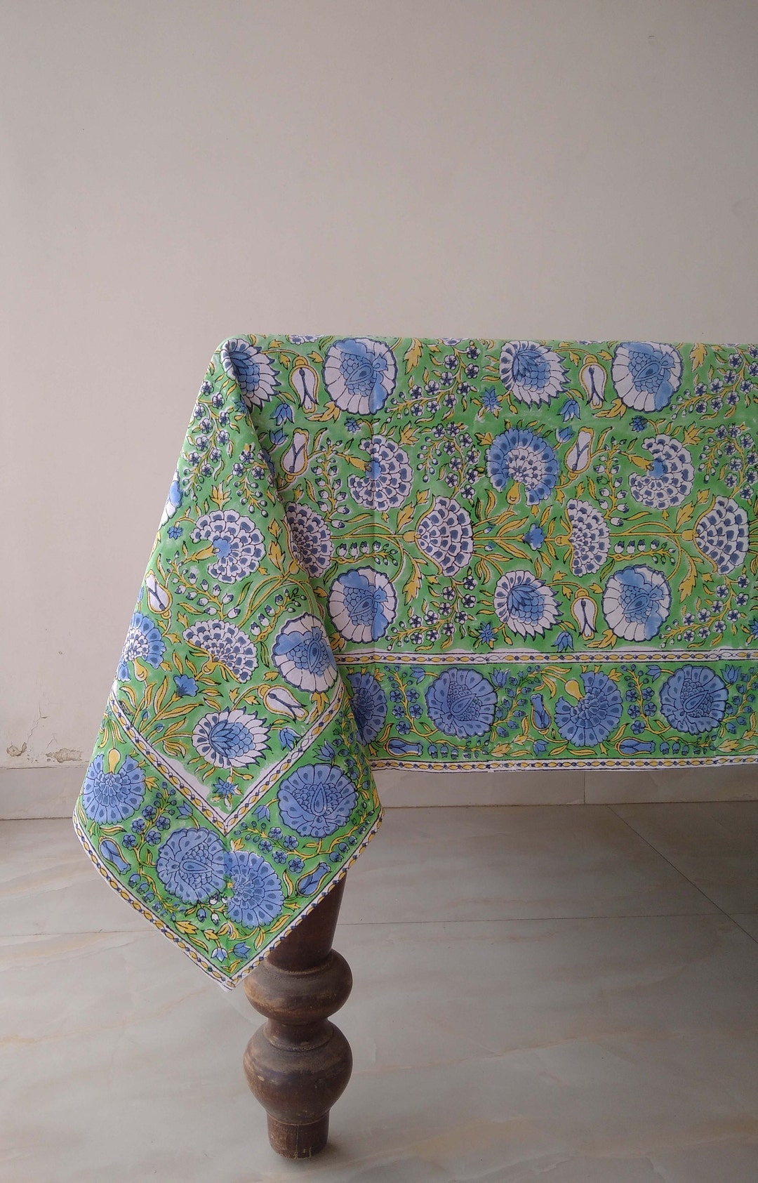 Green Floral Table Cloth, Indian Block Print Table Cover, Cotton Table ...