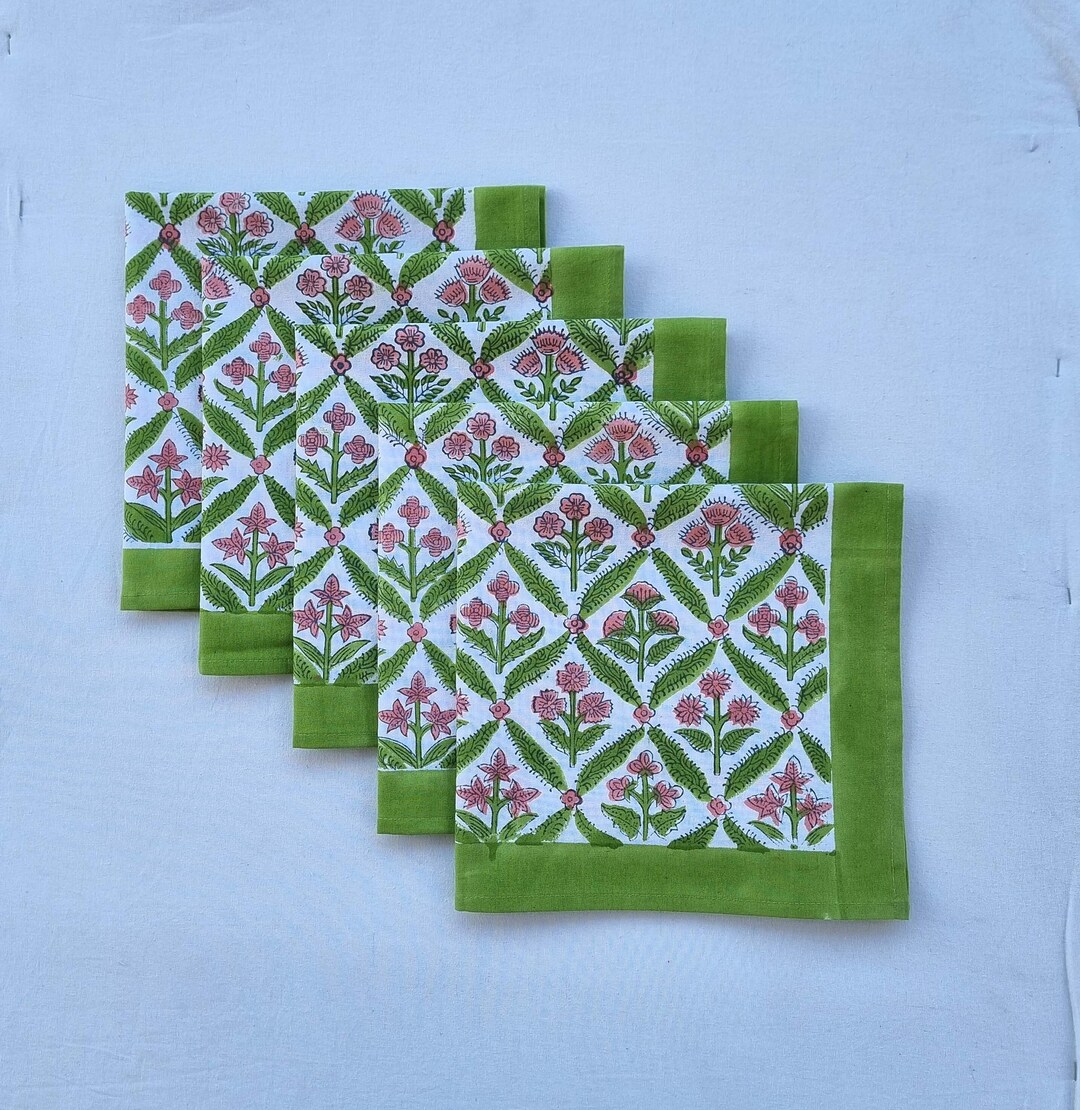 Olive Green, Red Indian Floral Hand Block Printed Cotton Cloth Napkins ...
