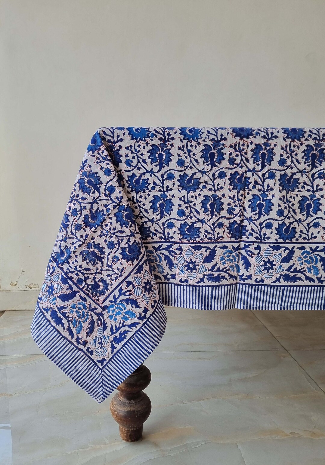 Persian Blue Floral Table Cloth, Hand Block Printed Tablecloth, Indian ...