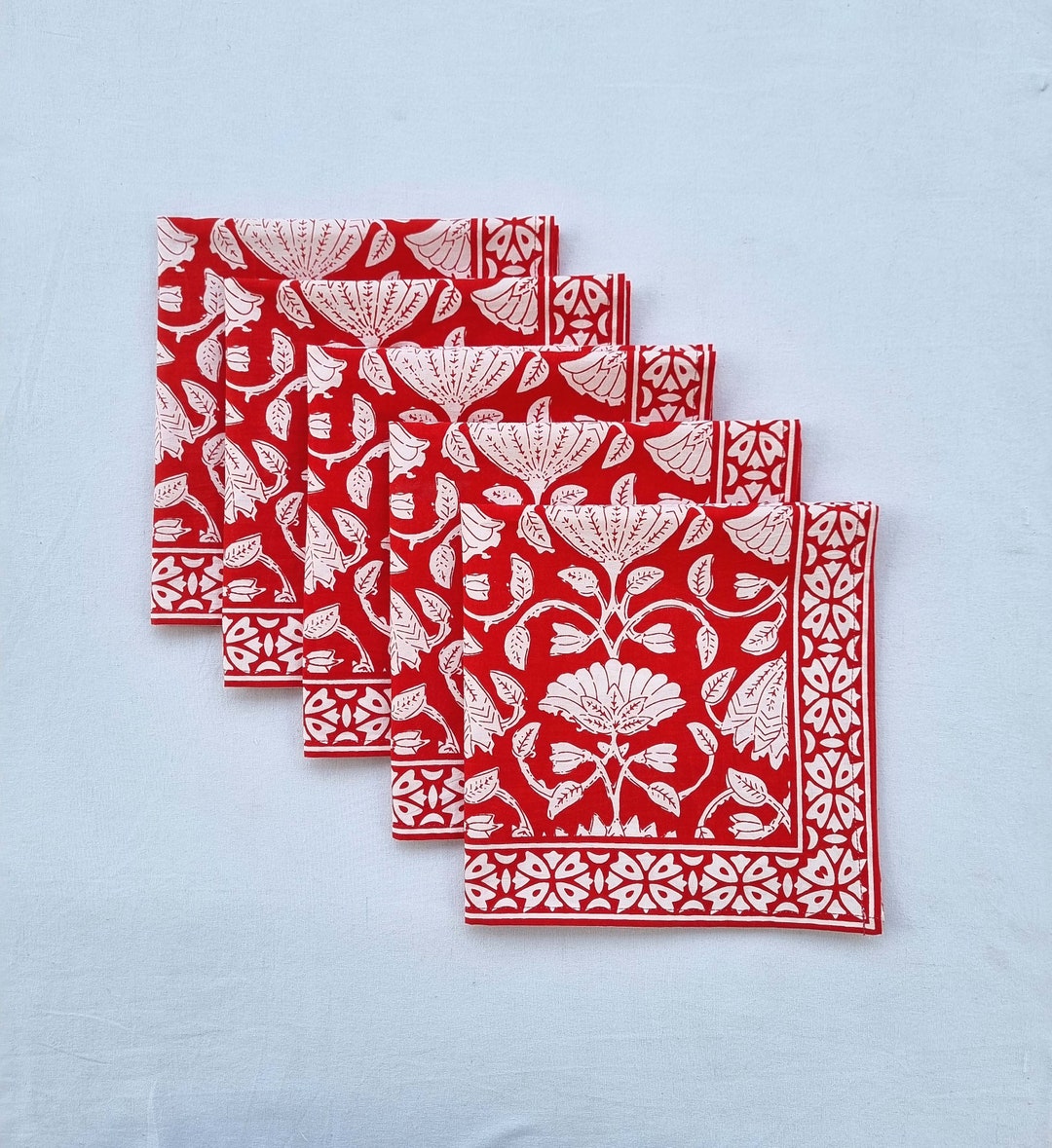 Red Christmas Napkins, Indian Floral Block Printed Napkin, Handmade ...