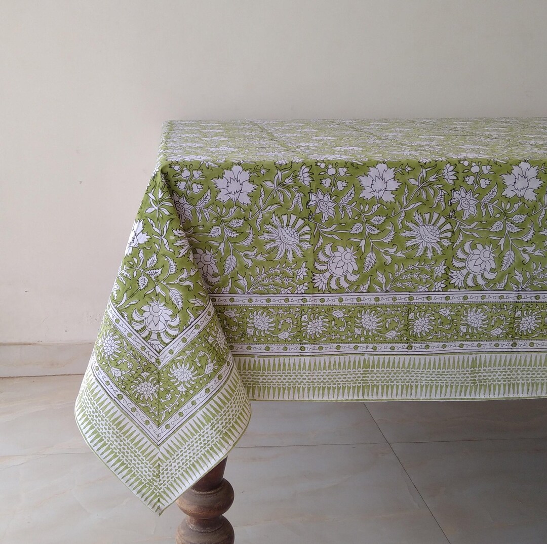 Sage Green Floral Tablecloth, Block Print Cotton Table Cover, Handmade ...