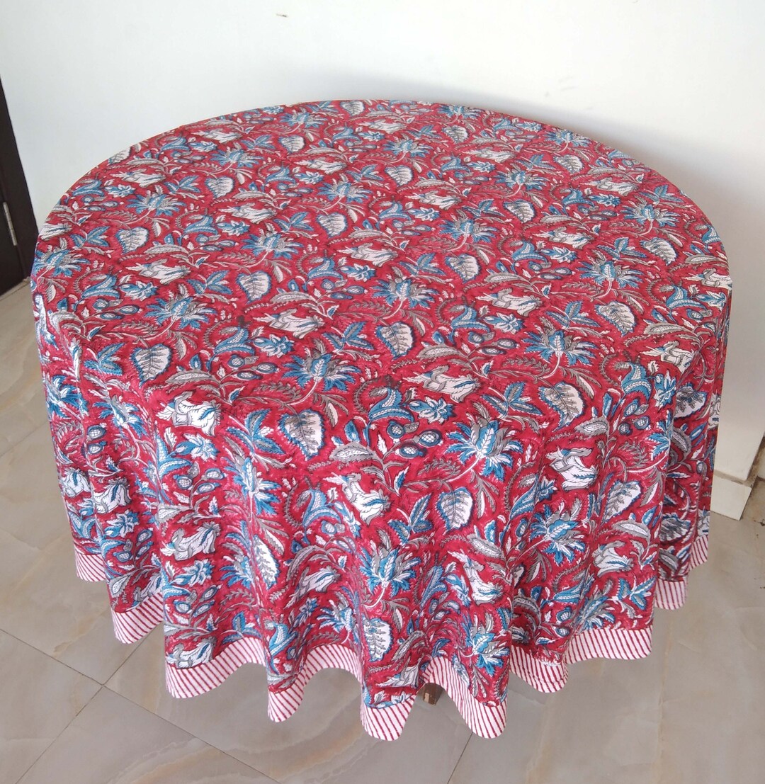 Red Floral Round Table Cloth, Indian Block Print Round Tablecloth ...