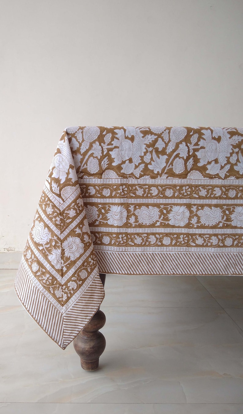 Brown Floral Table Cloth, Block Print Table Cover, Cotton Table Linen ...