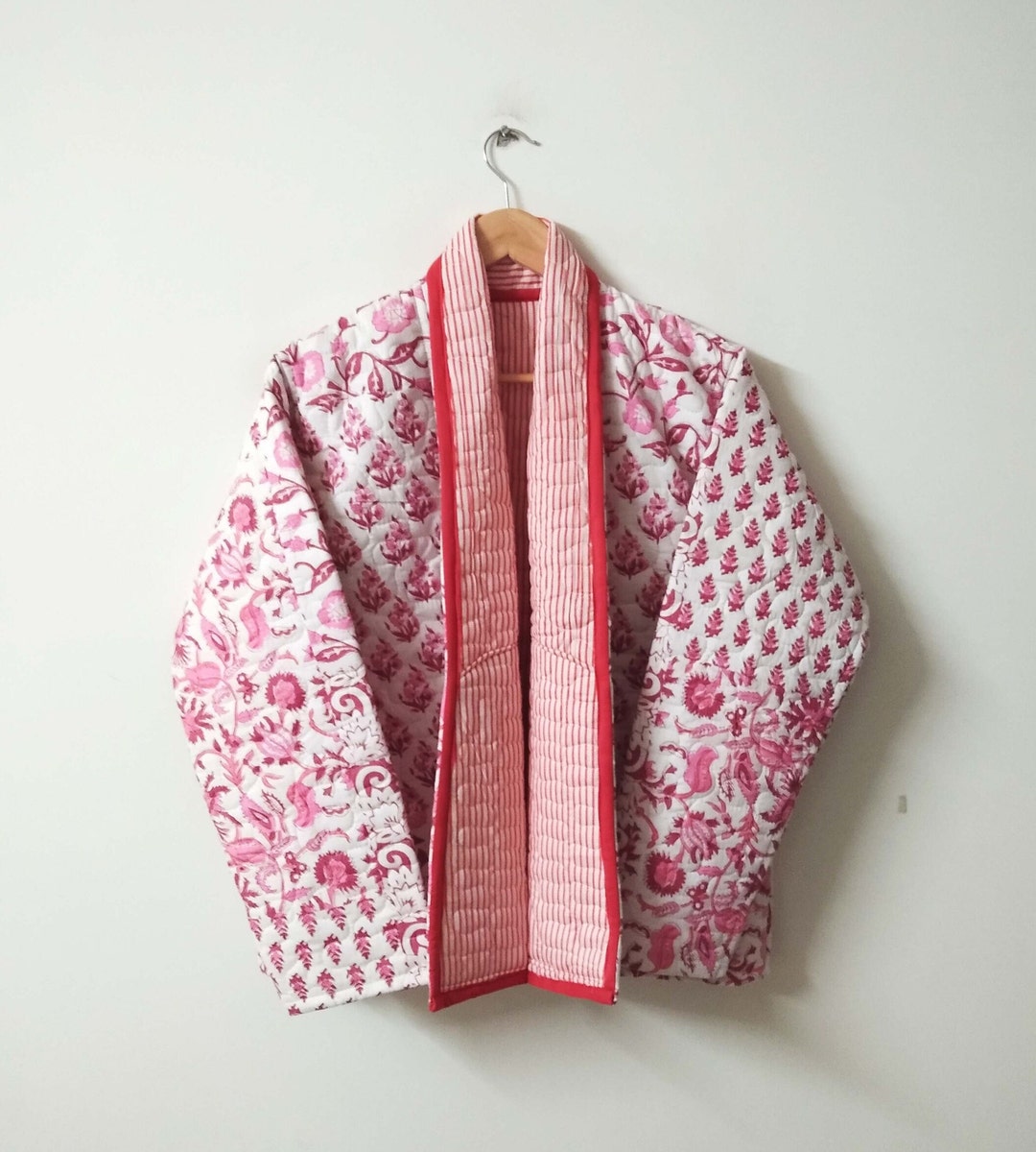 Pink Floral Kantha Coat, Handmade Cotton Kantha Jacket, Vintage Kantha ...