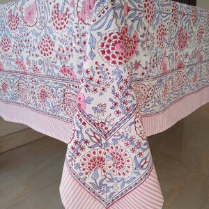 Pink Block Print Tablecloth, Floral Design Table Cloth, Cotton Table ...
