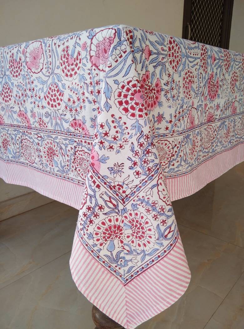 Pink Block Print Tablecloth Floral Design Table Cloth Cotton - Etsy Ireland