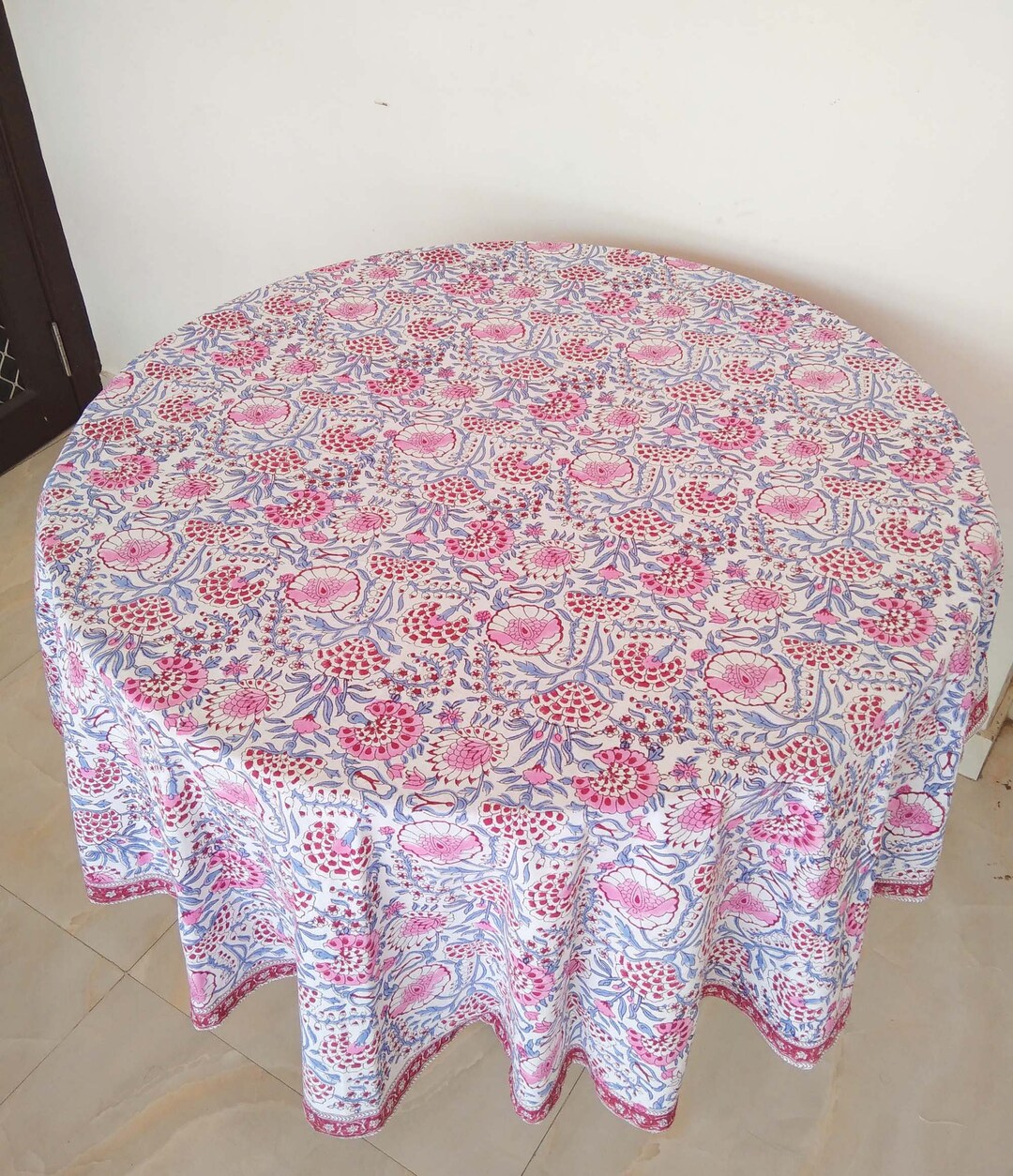 Pink Floral Round Table Cloth, Indian Block Print Round Tablecloth ...