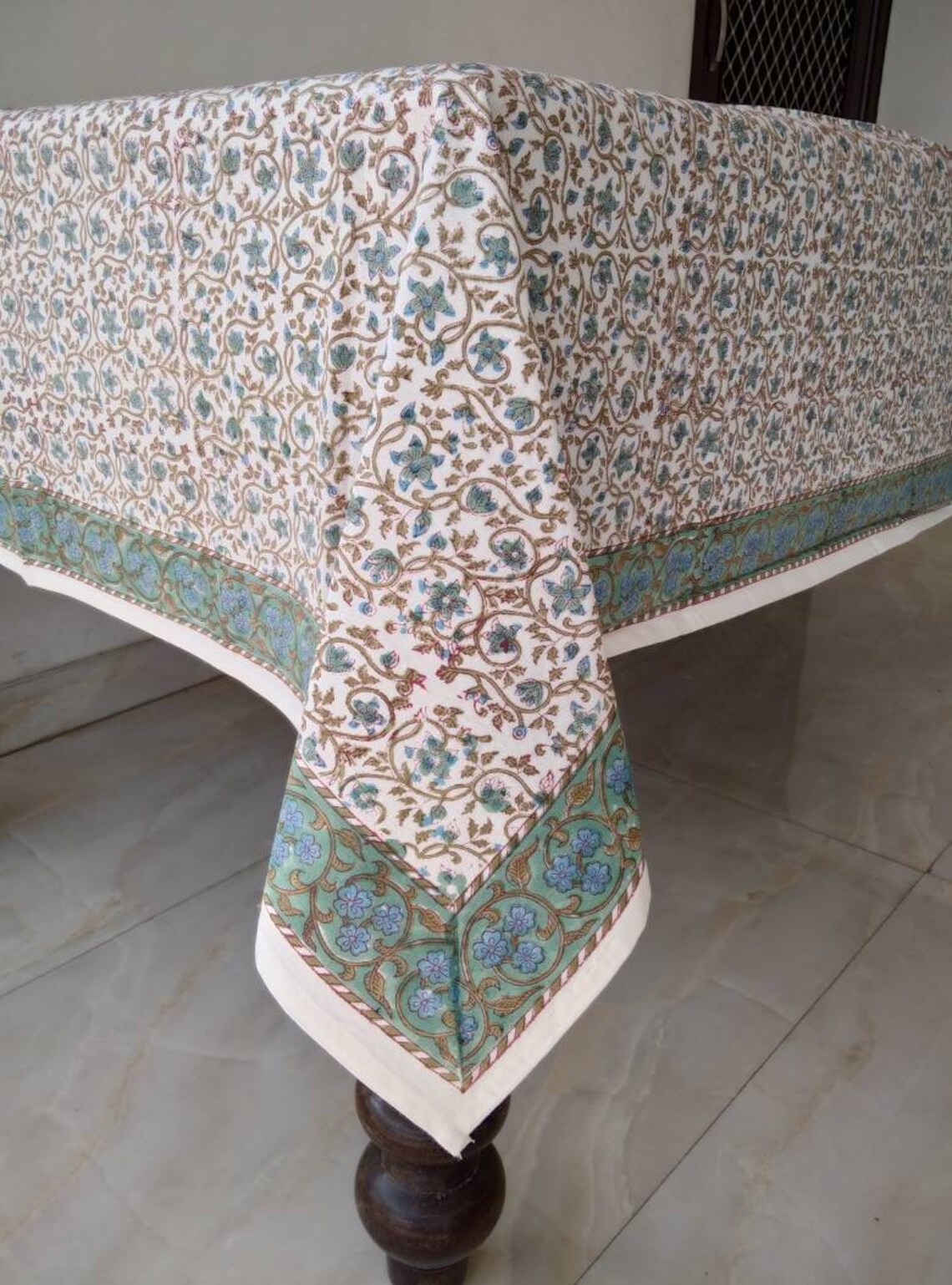 Blue And Green Block Print Tablecloth Homestead Tablecloth | Etsy