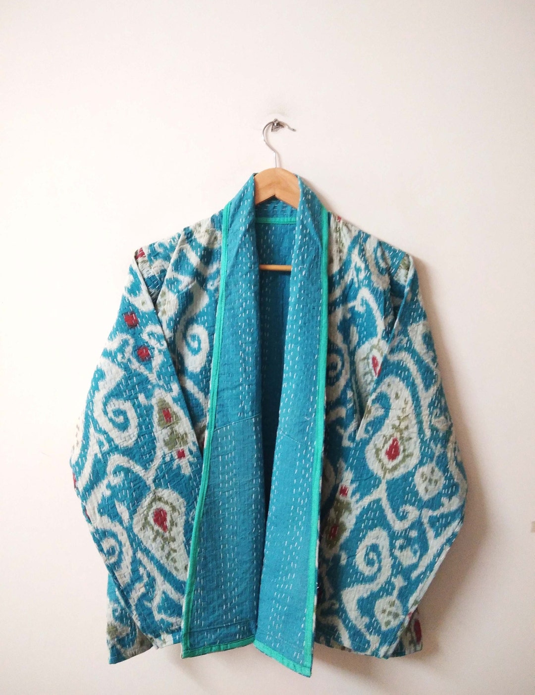Ikat Kantha Jacket, Hand Quilted Kantha Jacket, Handmade Short Jacket ...