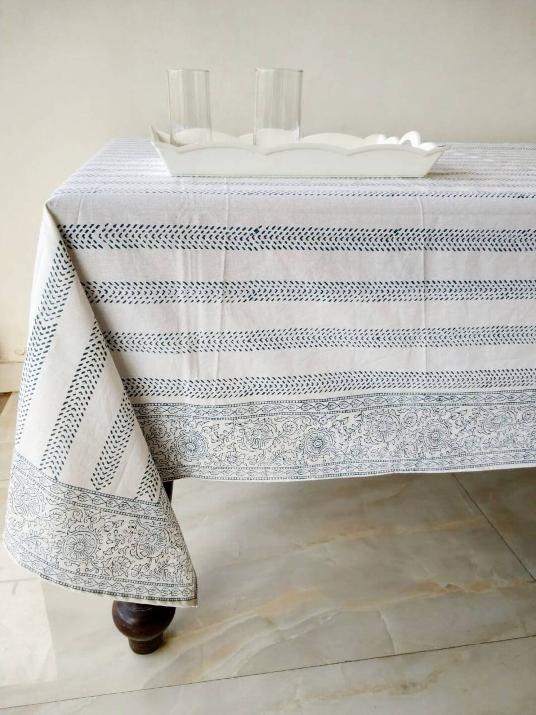 Block Printed Tablecloth, Strip Design Table Cover, Handmade Table ...