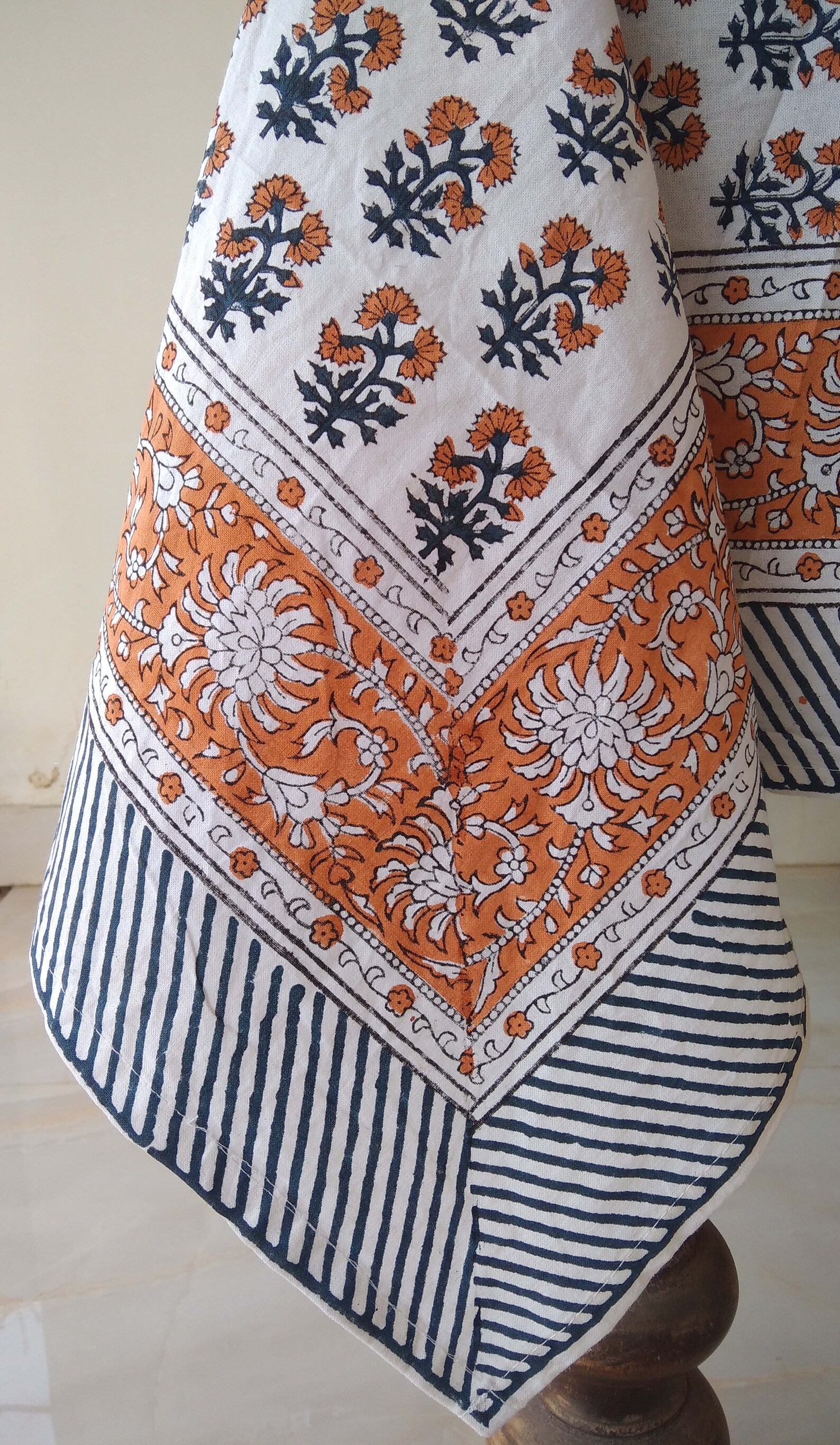 Blue and Apricot Table Cloth, Block Print Table Cover, Indian Table ...