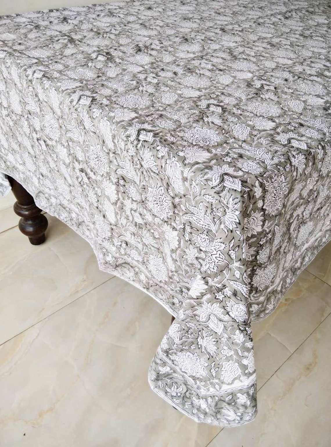 Grey Block Print Table Cloth, Floral Design Tablecloth, Handmade Table ...