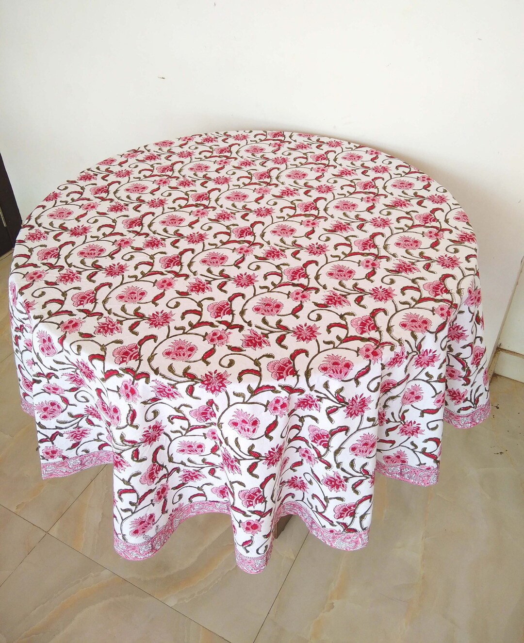 Floral Cotton Round Tablecloth, Block Print Round Table Cloth, Handmade ...
