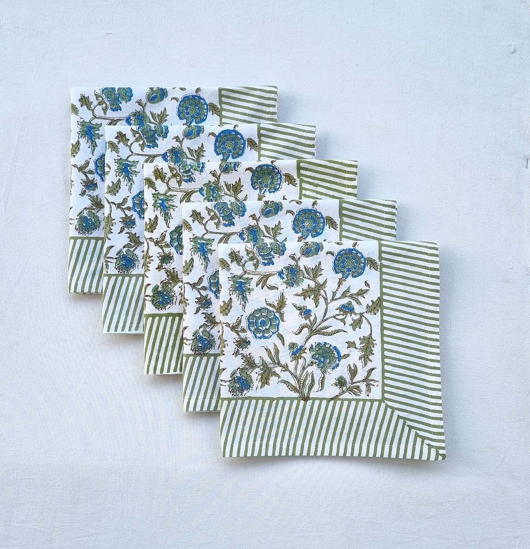 Grass Green and Blue Indian Floral Block Print Napkin, Handmade Pure ...