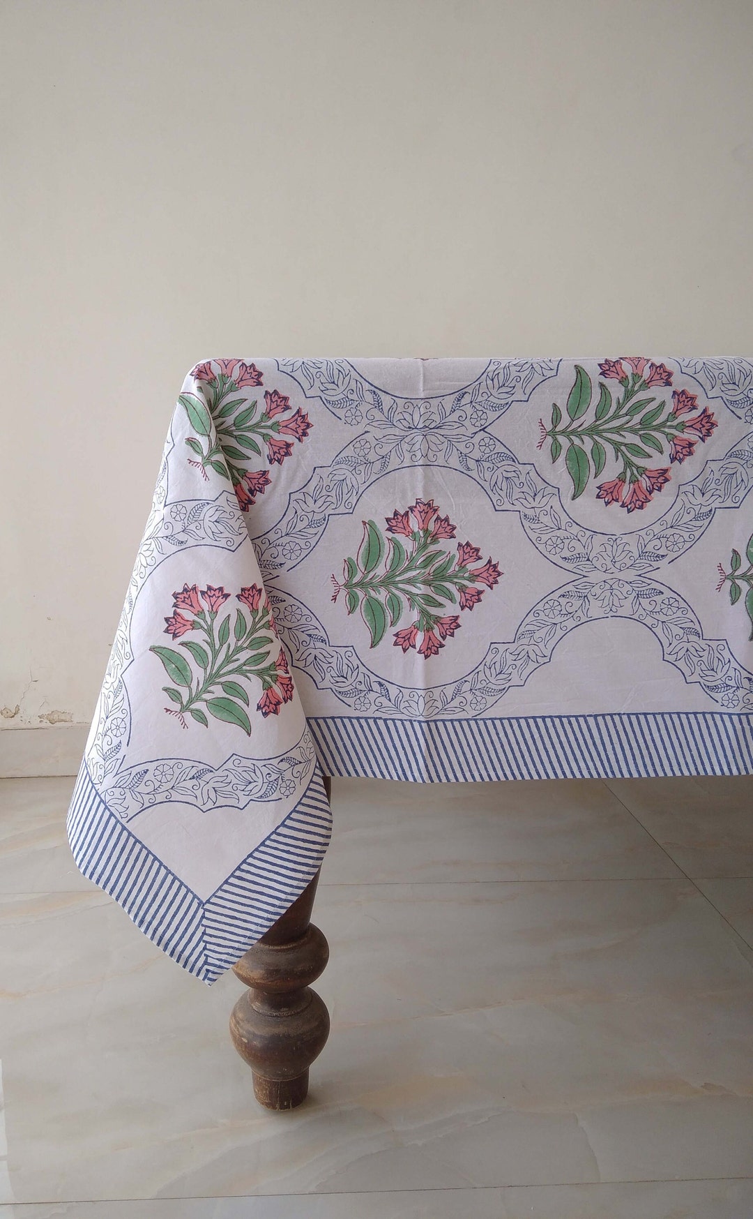 Floral Cotton Table Cover, Hand Block Printed Tablecloth, Dinning ...