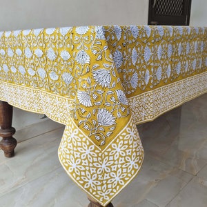 Mustard Floral Table Cloth, Block Print Table Cover, Cotton Table Linen ...