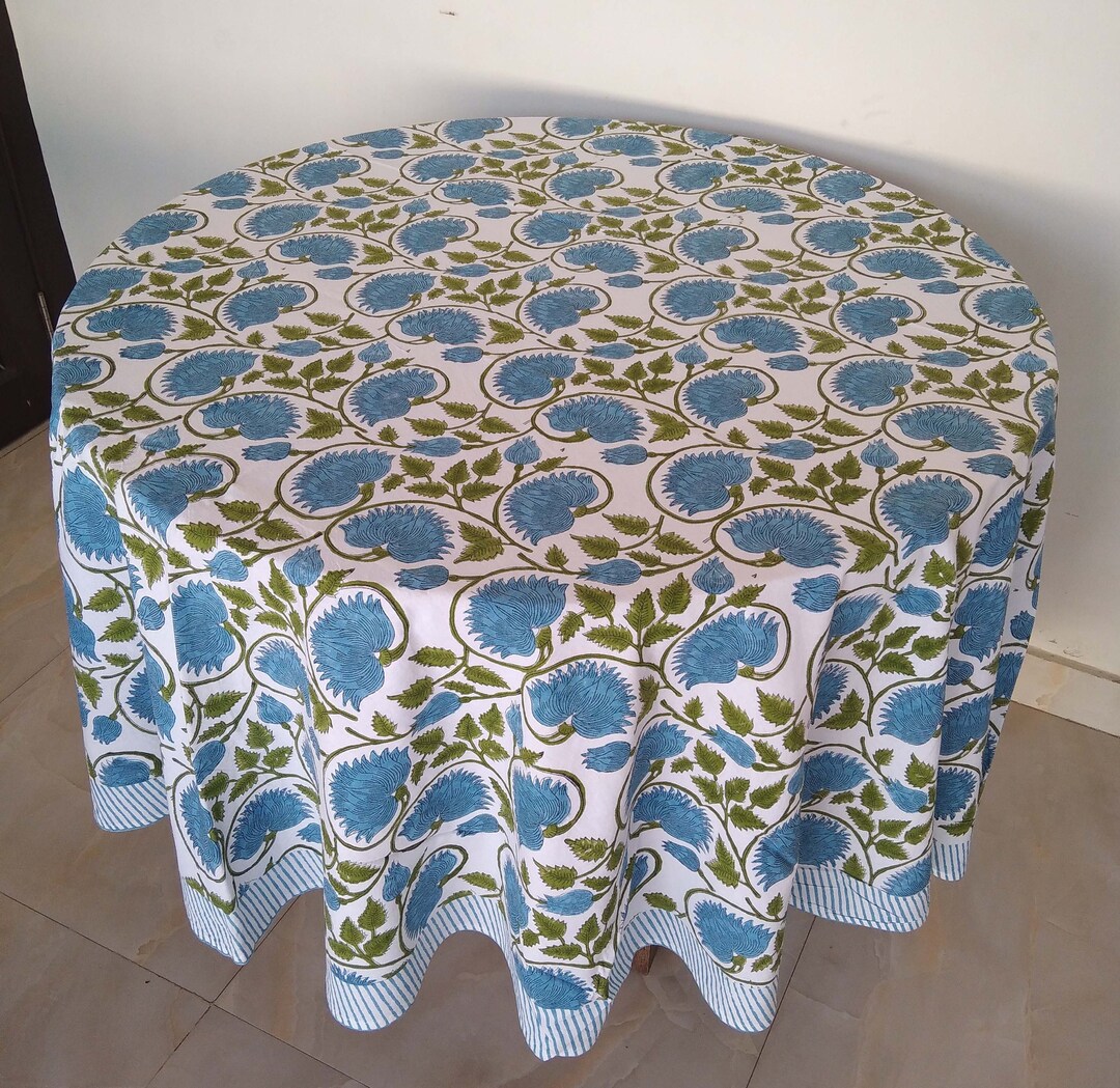 Blue Floral Round Tablecloth, Indian Block Print Round Table Cloth ...