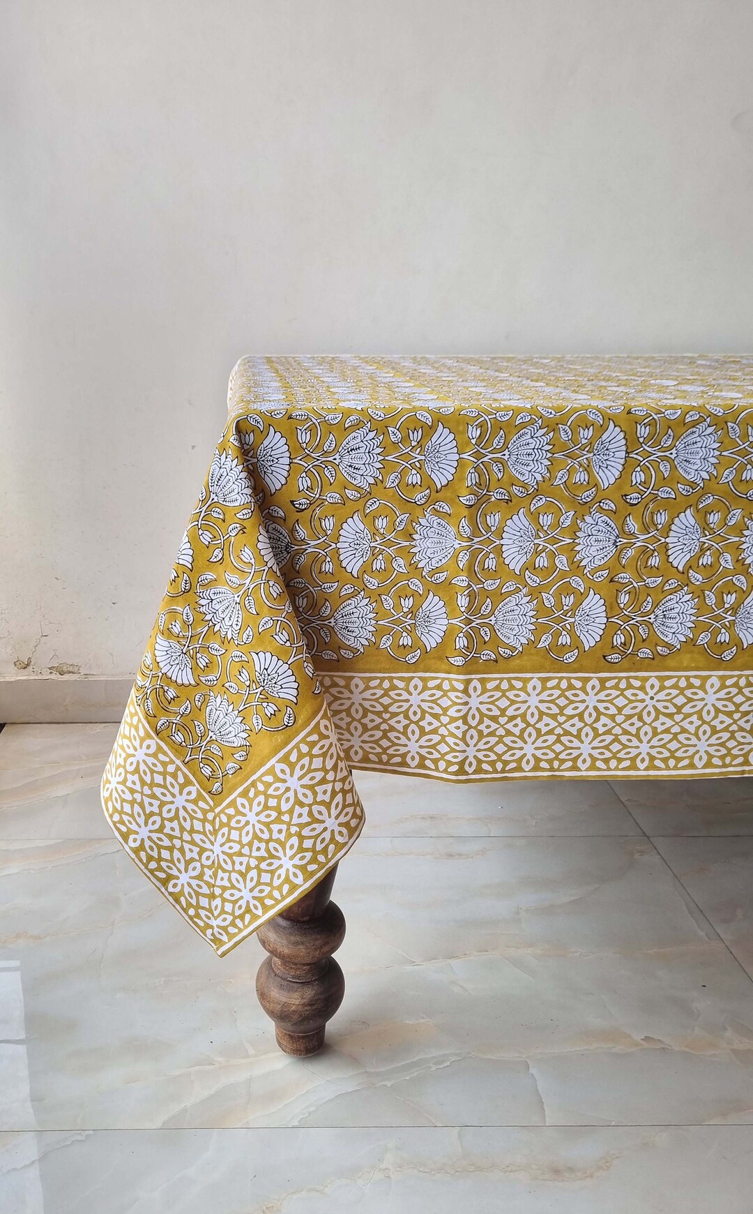 Mustard Floral Table Cloth, Block Print Table Cover, Cotton Table Linen ...