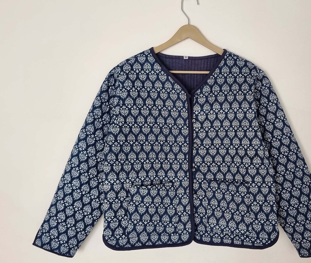 Indigo Blue Floral Jacket, Indian Hand Block Printed Cotton Cloth ...