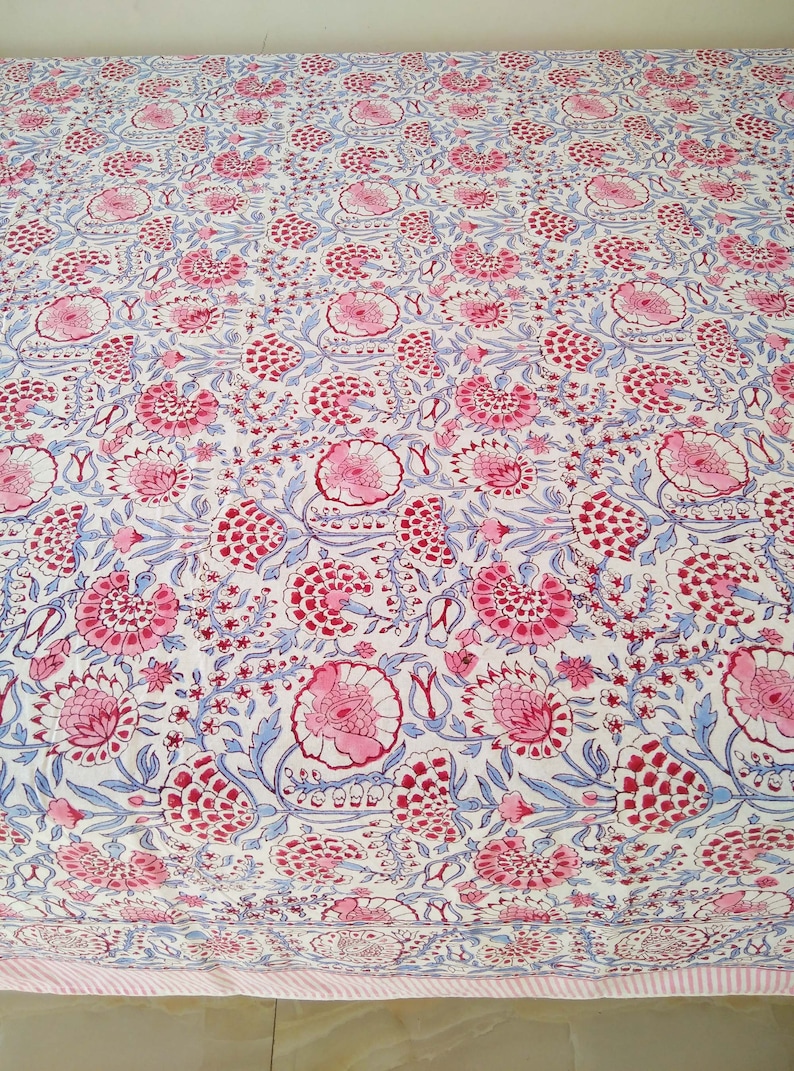 Pink Block Print Tablecloth, Floral Design Table Cloth, Cotton Table ...