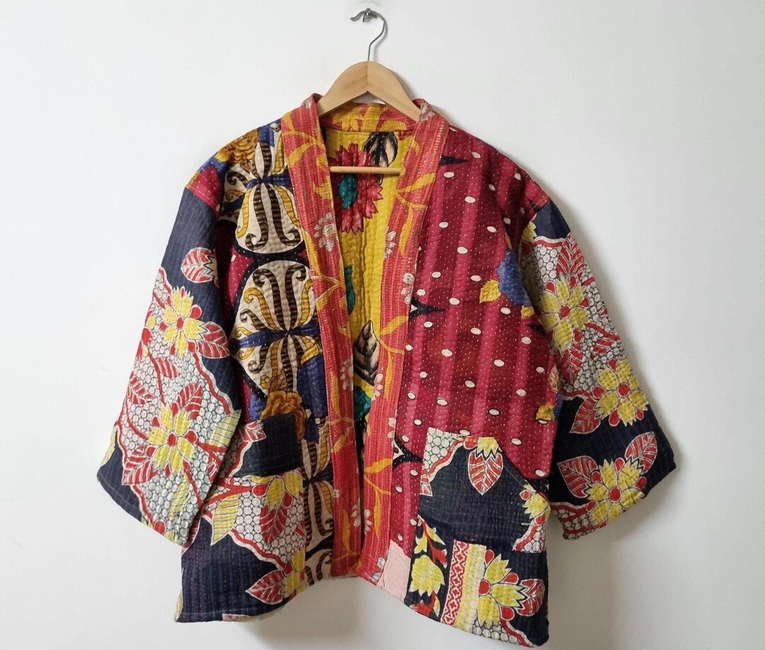 Floral Kantha Jacket, Indian Fine Kantha Coat, Handmade Cotton Kantha ...