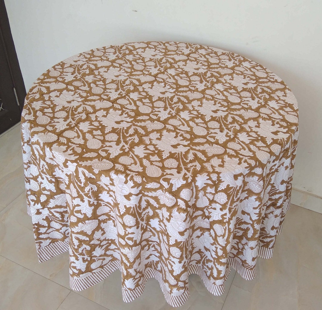 Brown Floral Round Table Cover, Indian Block Print Round Tablecloth ...