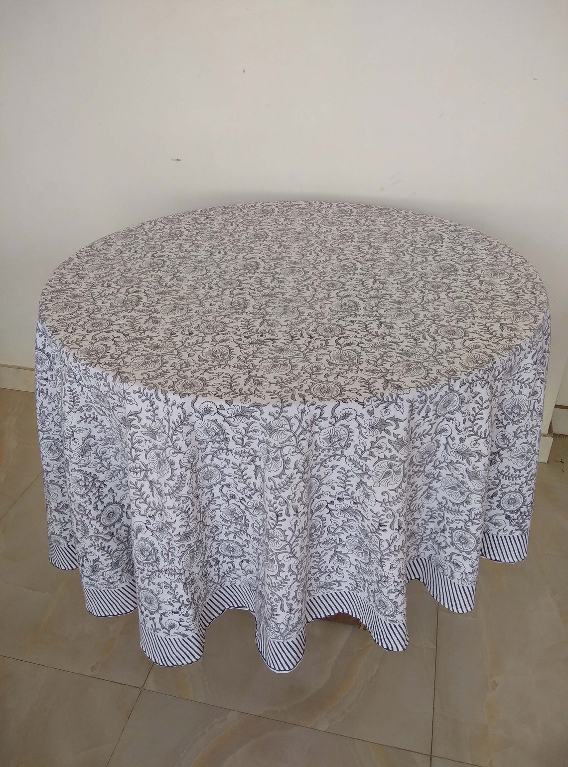 Kandla Grey Round Table Cover, Block Print Round Tablecloth, Floral ...