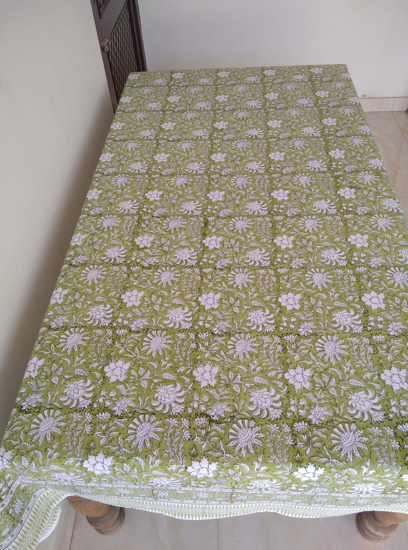 Sage Green Floral Tablecloth, Block Print Organic Cotton Table Cover - Etsy