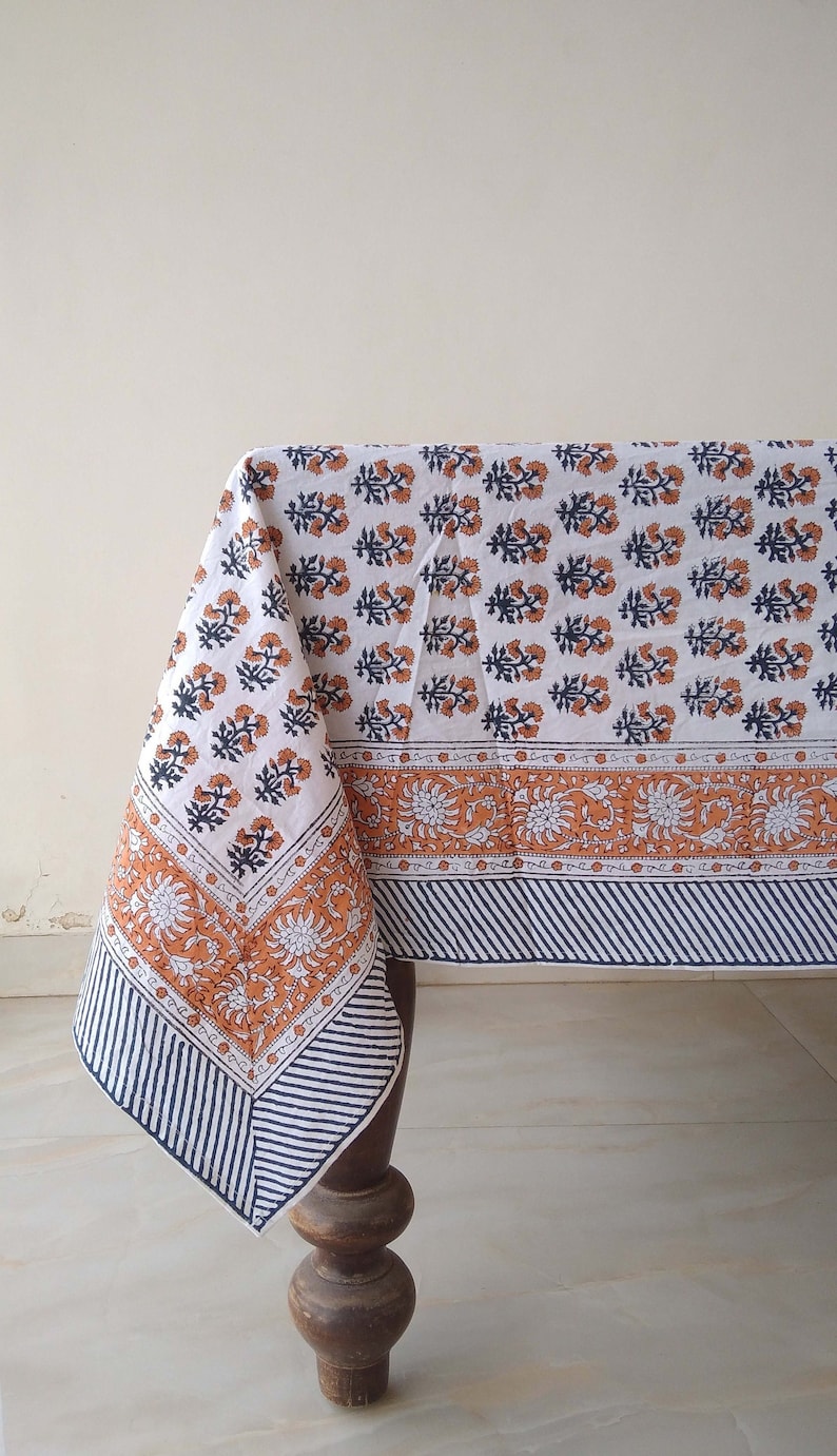 Blue and Apricot Table Cloth, Block Print Table Cover, Indian Table ...