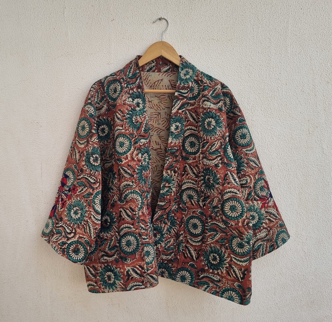 Floral Kantha Jacket, Indian Fine Kantha Quilt Coat, Handmade Cotton ...