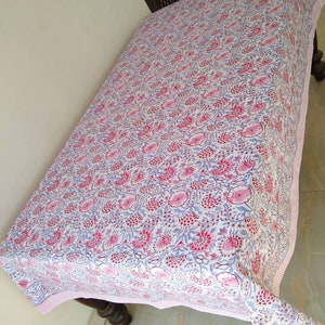 Pink Block Print Tablecloth, Floral Design Table Cloth, Cotton Table ...