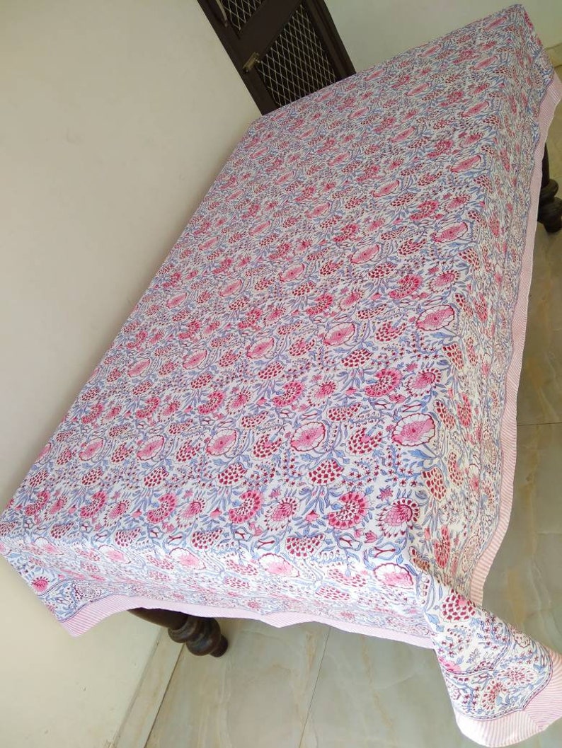 Pink Block Print Tablecloth, Floral Design Table Cloth, Cotton Table ...