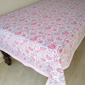 Pink Block Print Tablecloth, Floral Design Table Cloth, Cotton Table ...