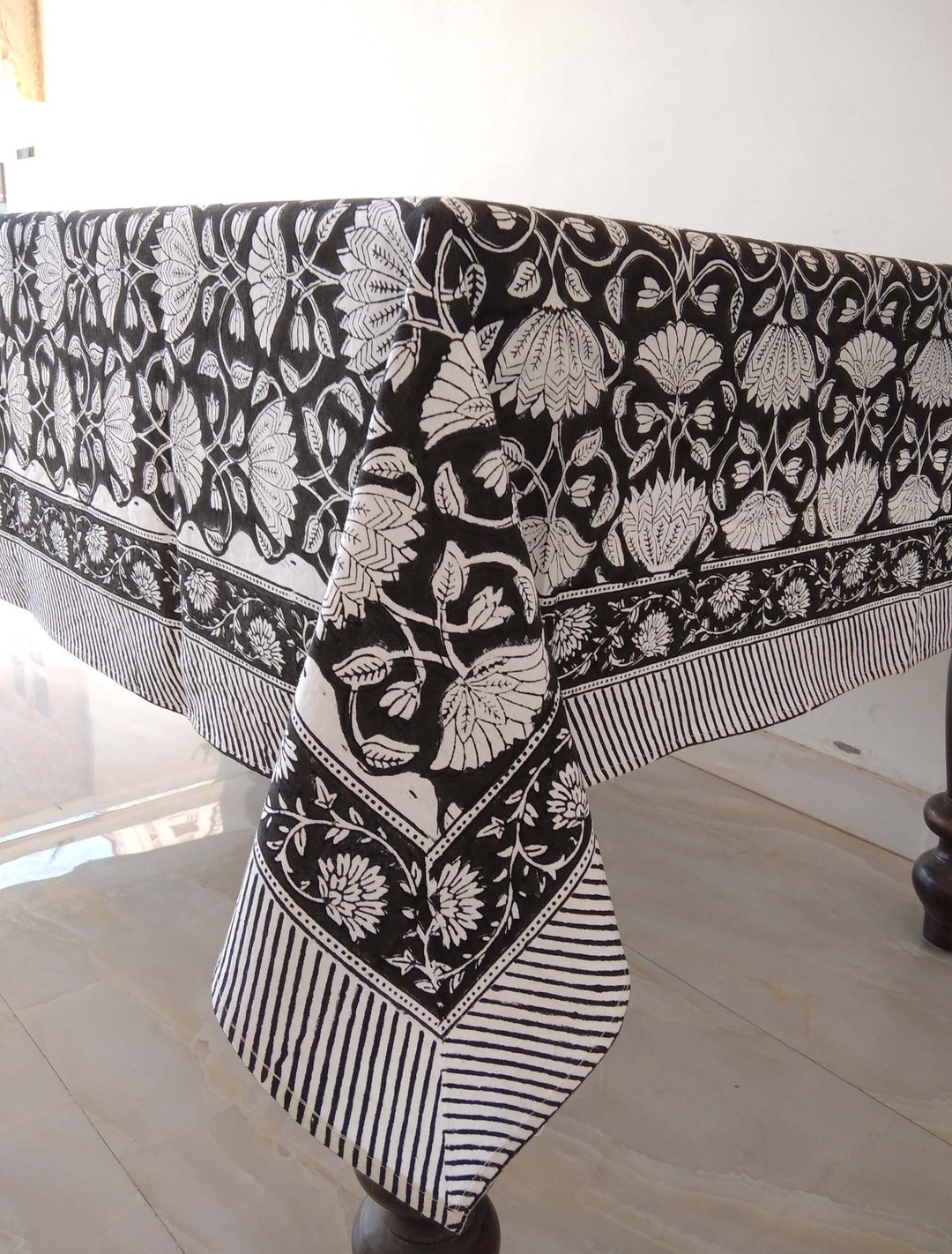 Black Floral Tablecloth, Indian Block Hand Print Table Cloth, Dinning ...