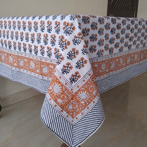 Blue and Apricot Table Cloth, Block Print Table Cover, Indian Table ...