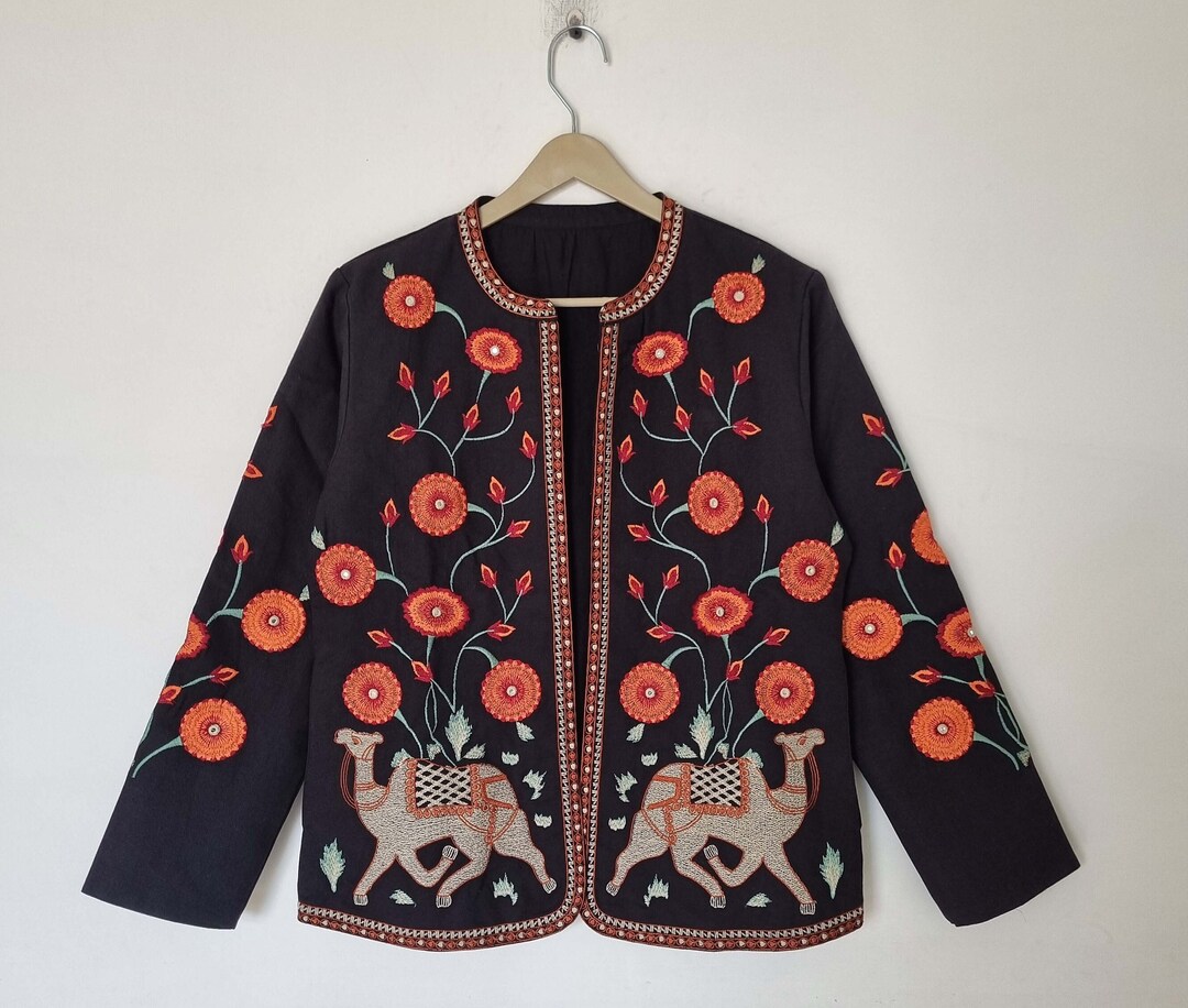 Floral Embroidery Jacket, Indian Handmade Cotton Jacket, Quilted Short ...