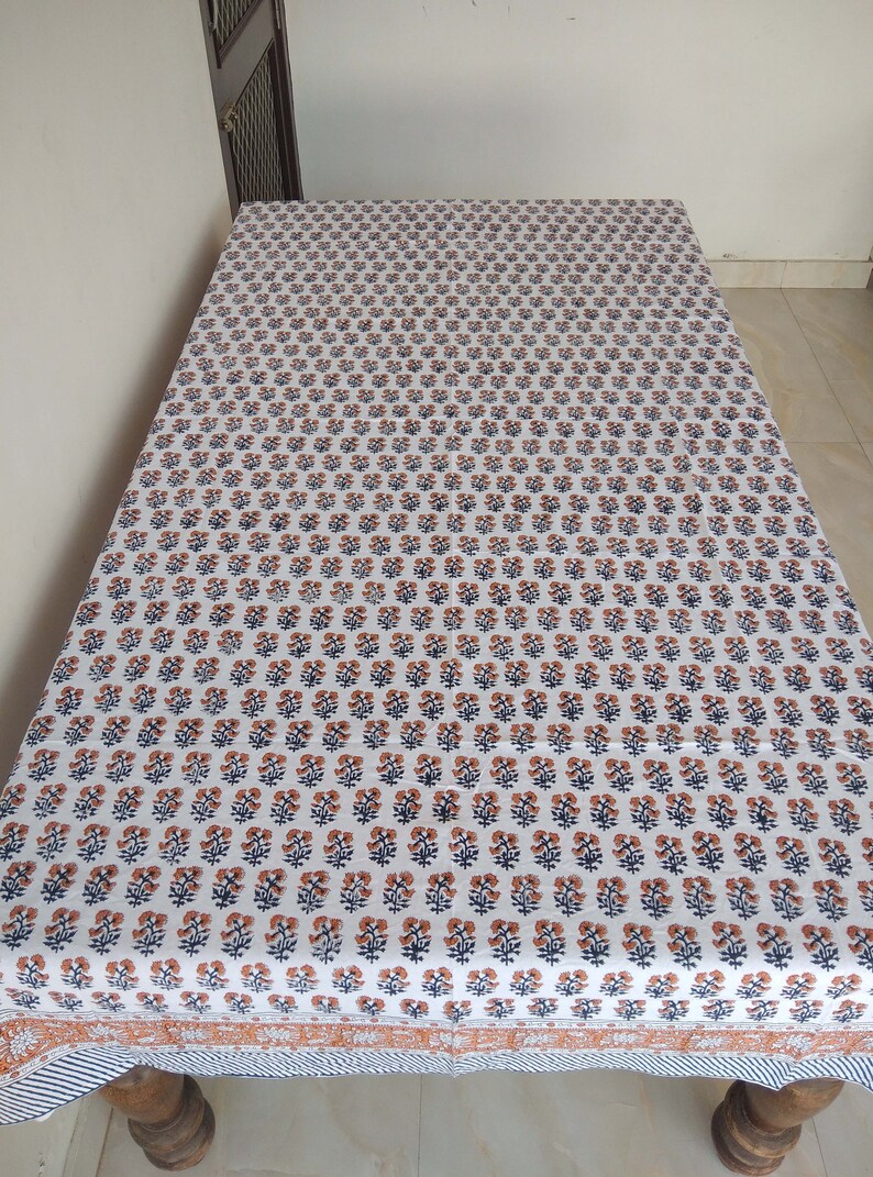 Blue and Apricot Table Cloth, Block Print Table Cover, Indian Table ...