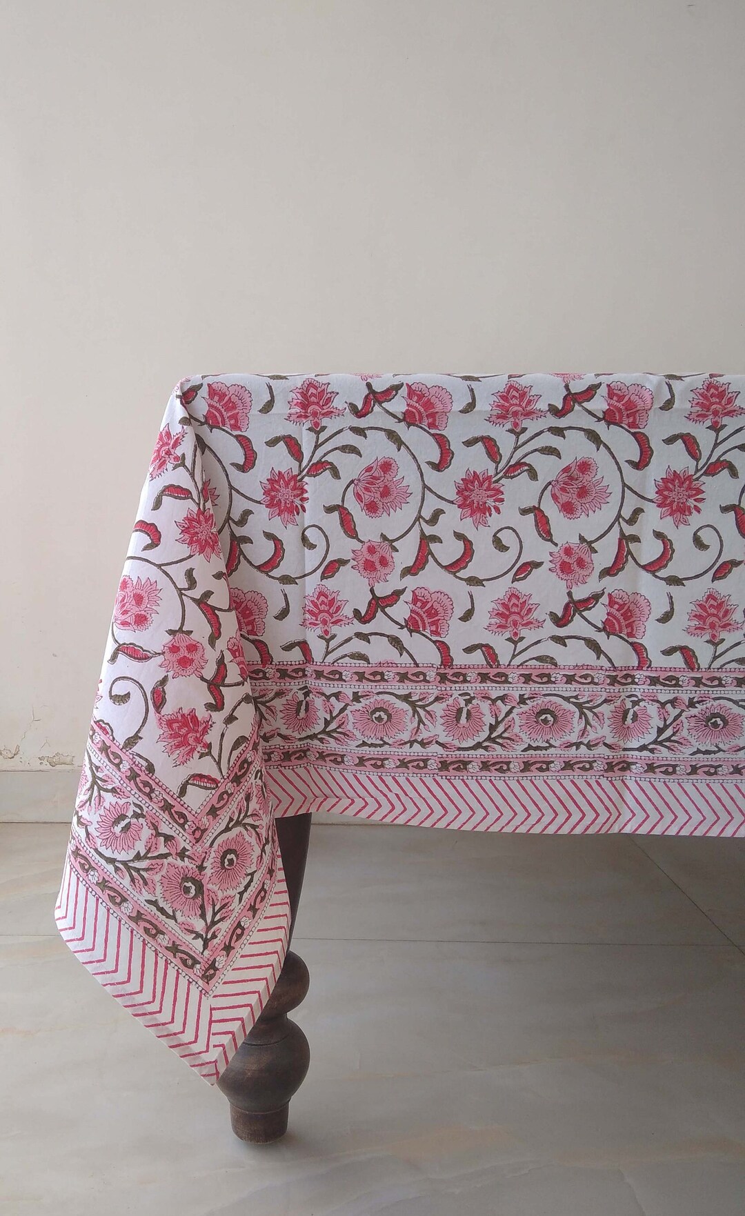 Pink Berry Table Cloth, Floral Design Tablecloth, Block Printed Table ...