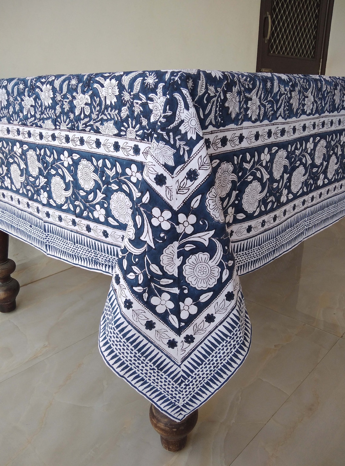Floral Design Table Cover, Block Print Tablecloth, Handmade Table Linen ...
