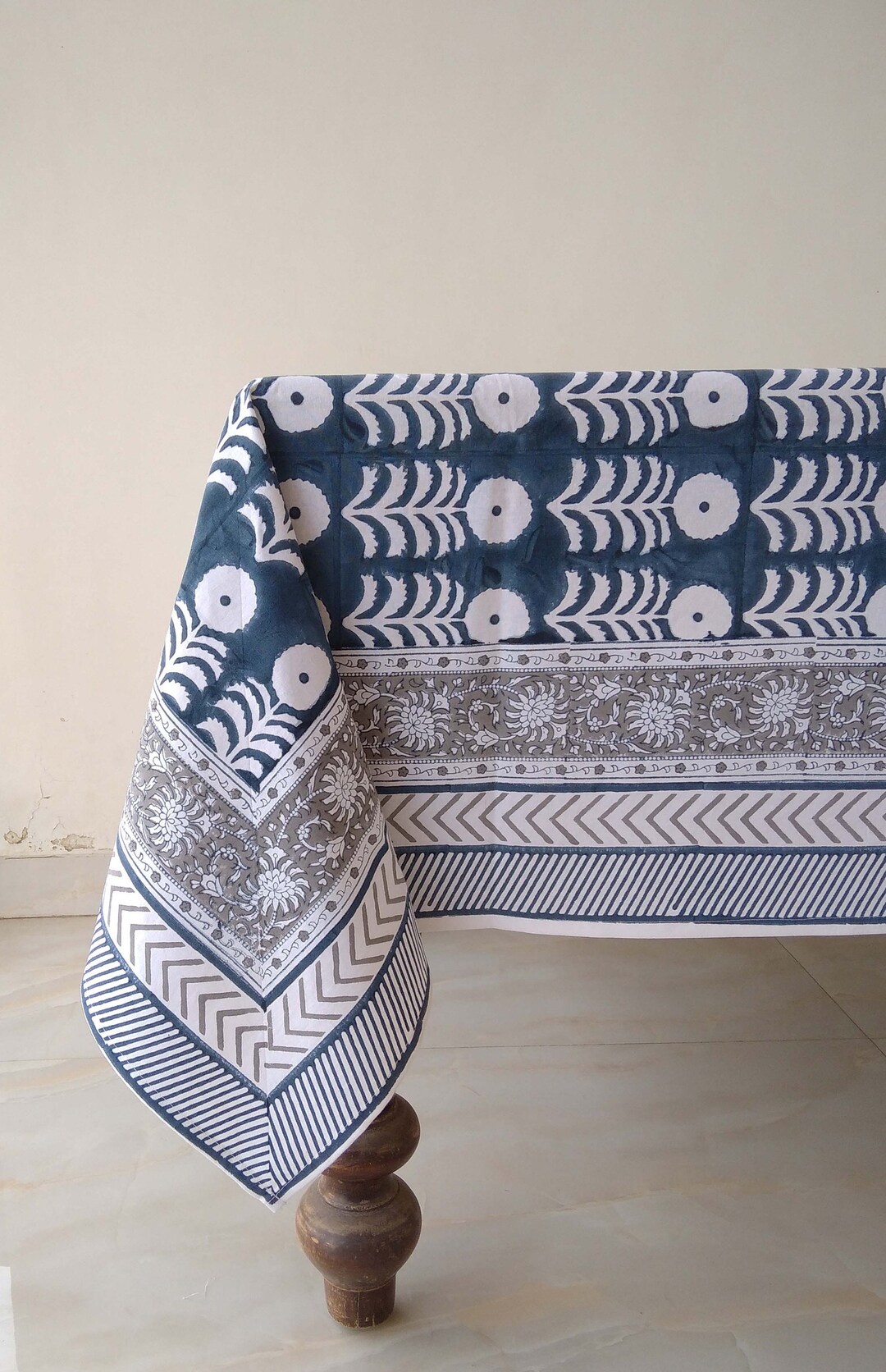 Blue Marigold Table Cloth, Block Print Table Cover, Indian Cotton Table ...